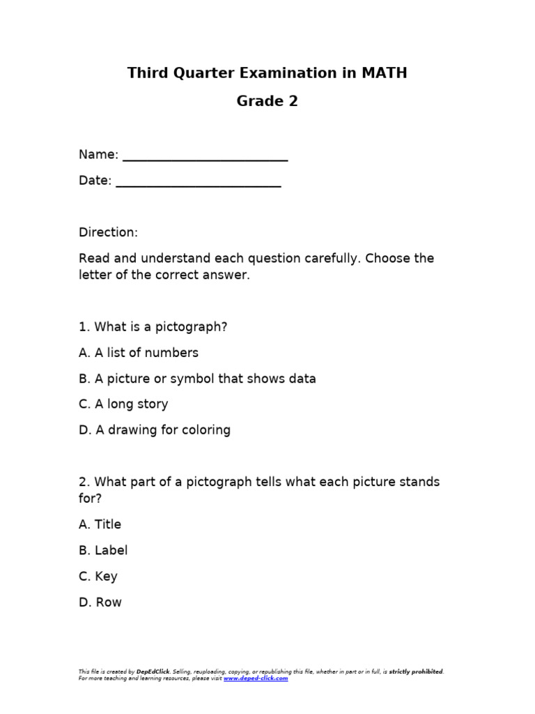 Third Quarter Examination MATH Grade2 DepEdClick | PDF | Multiplication ...