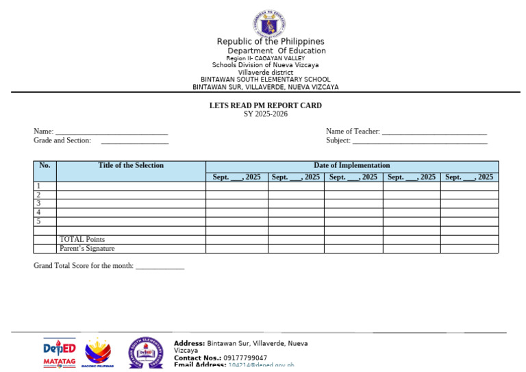 Lets Read Pm Report Card | PDF