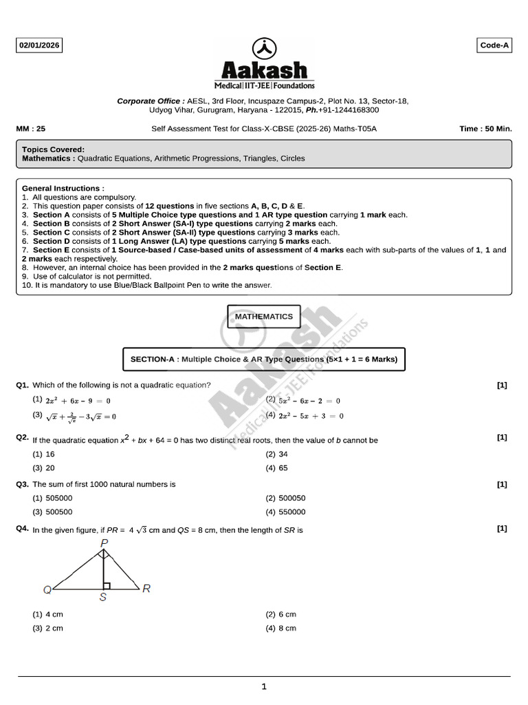 Self Assessment Test-5A (CBSE) Mathematics (Class-10) (02!01!2026) | PDF
