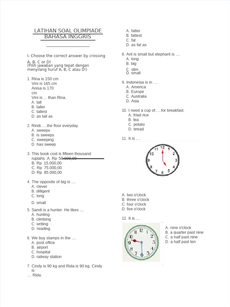 PDF Latihan Soal Olimpiade Bahasa Inggris Sd Cakrawangsa | PDF