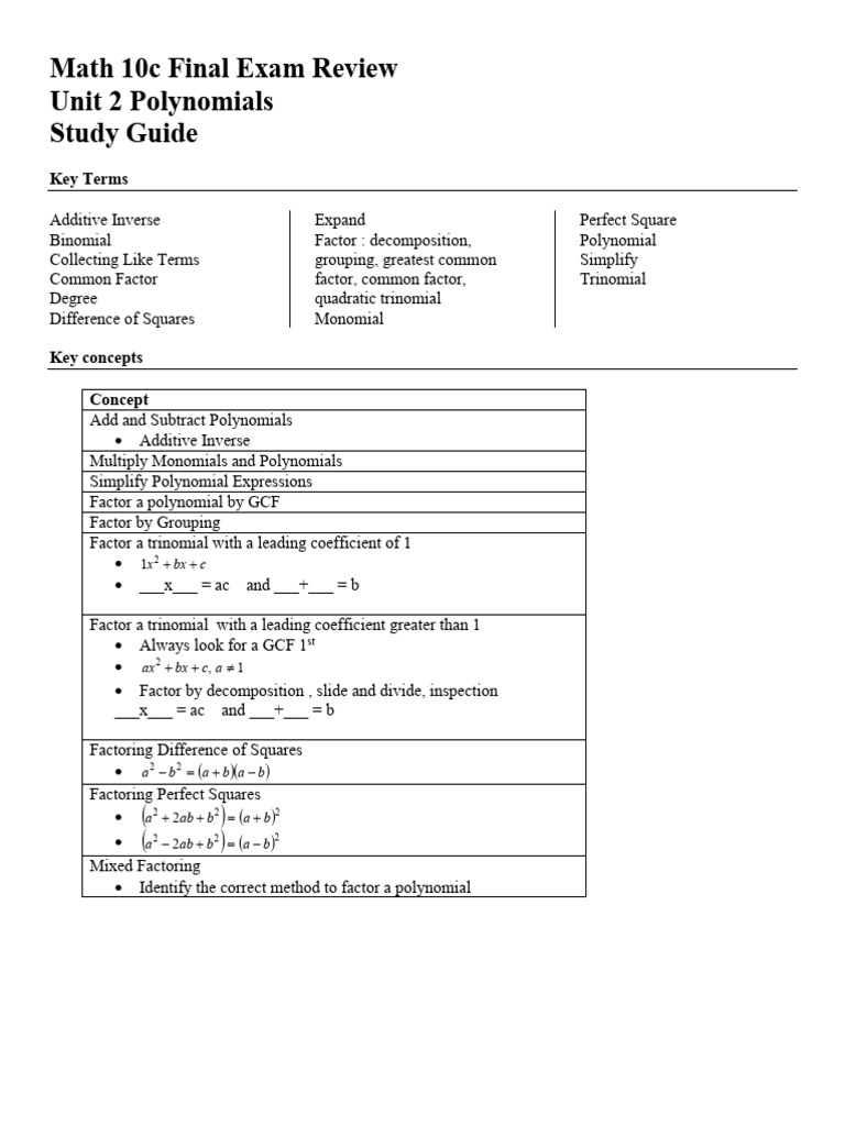 Unit+2+Polynomials+Final+Exam+Review | PDF
