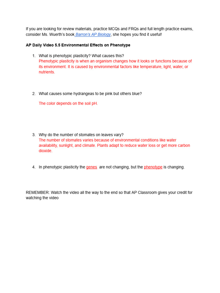 AP Daily Video 5.5 Environmental Effects on Phenotype | PDF