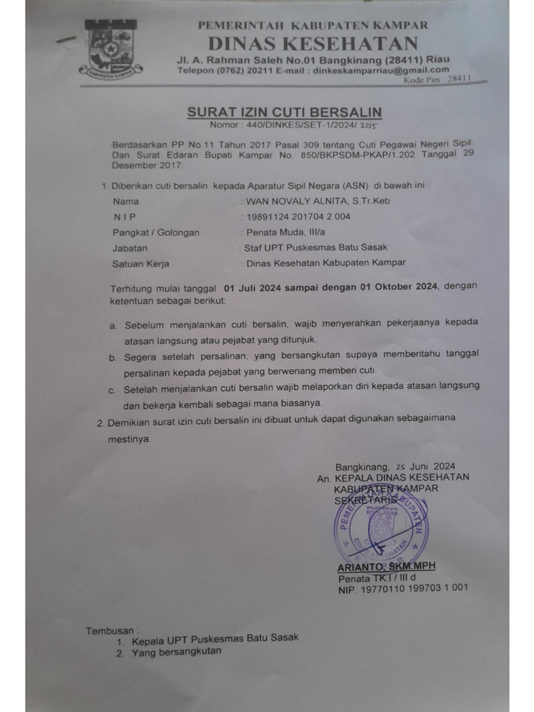 Surat Izin Cuti Bersalin Wan | PDF