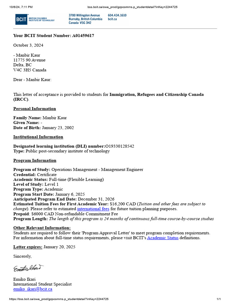 BCIT Acceptance Letter for Operations Management | PDF