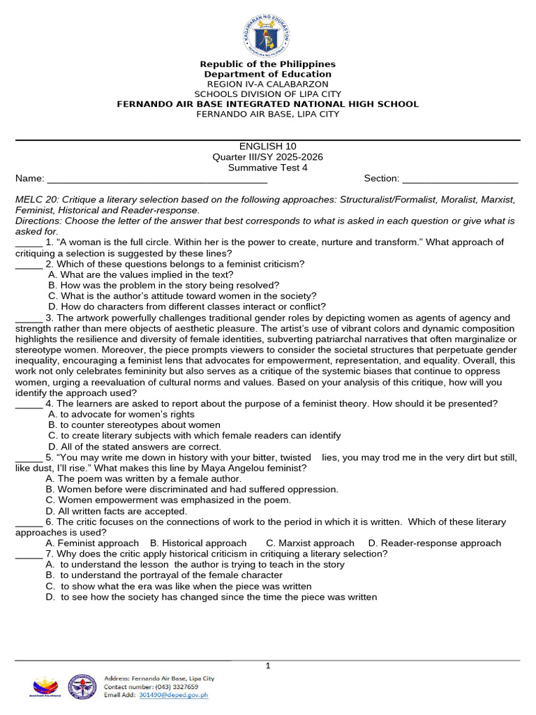 English 10 Literary Critique Test | PDF | Feminism | Gender Studies