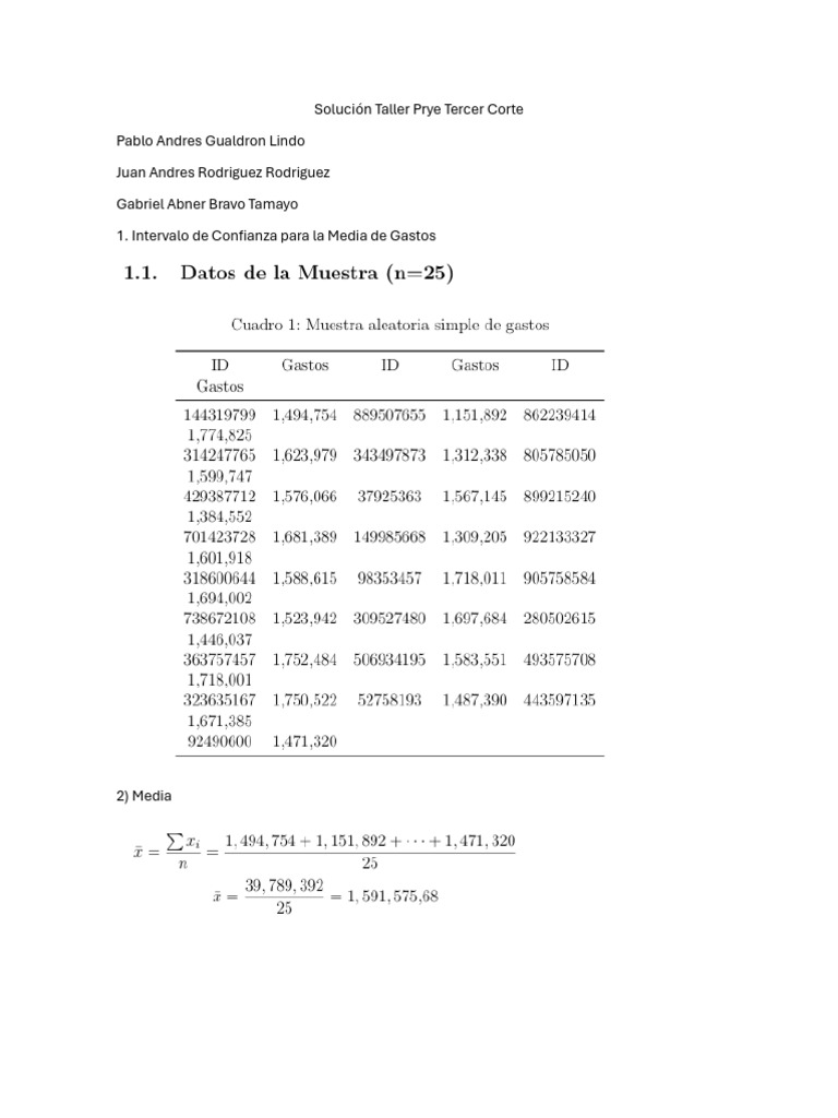 Solucion Taller Prye | PDF | Intervalo de confianza | Inferencia ...