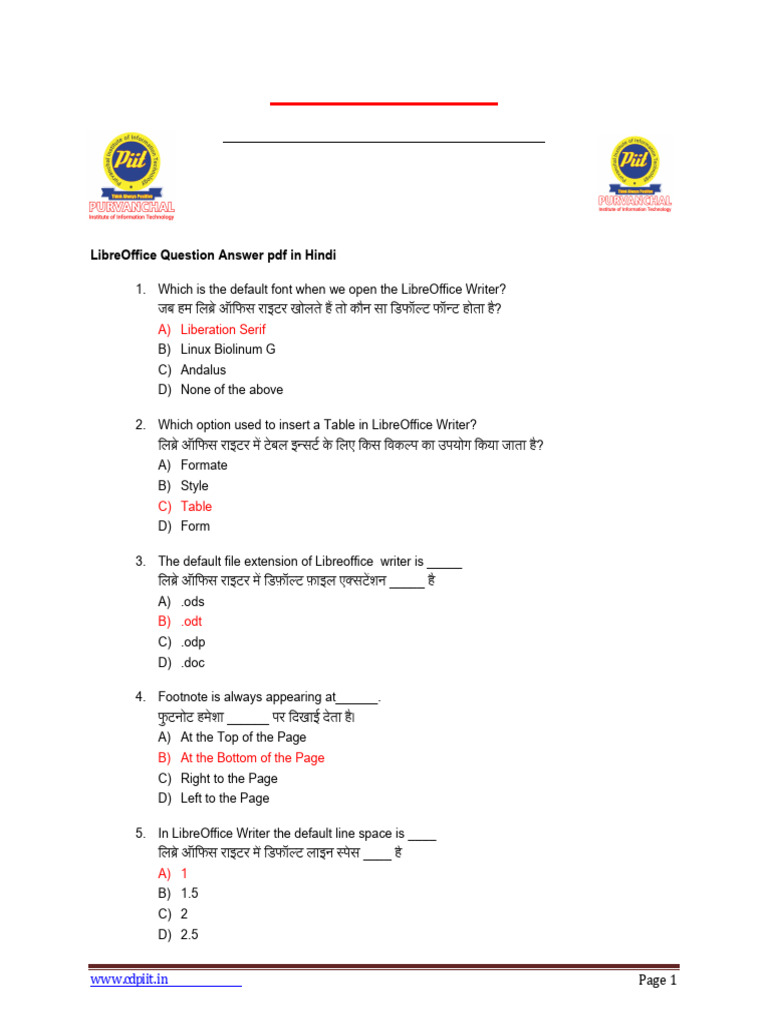 LibreOffice Question Answer PDF in Hindi | PDF