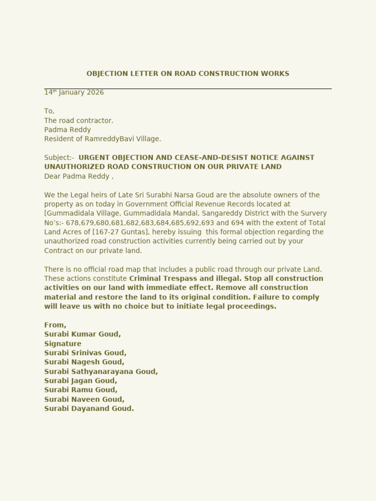 Objection Letter on Road Construction Works | PDF