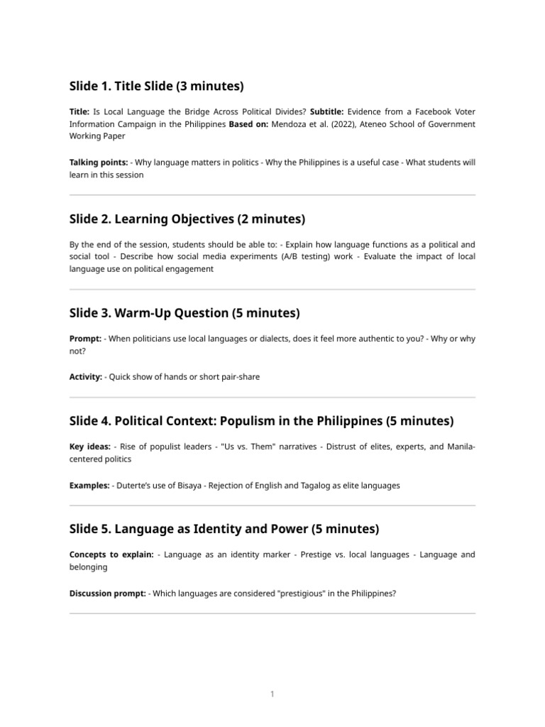 1-Hour Class Presentation_ Local Language, Politics, And Social Media | PDF | Learning | Cognition