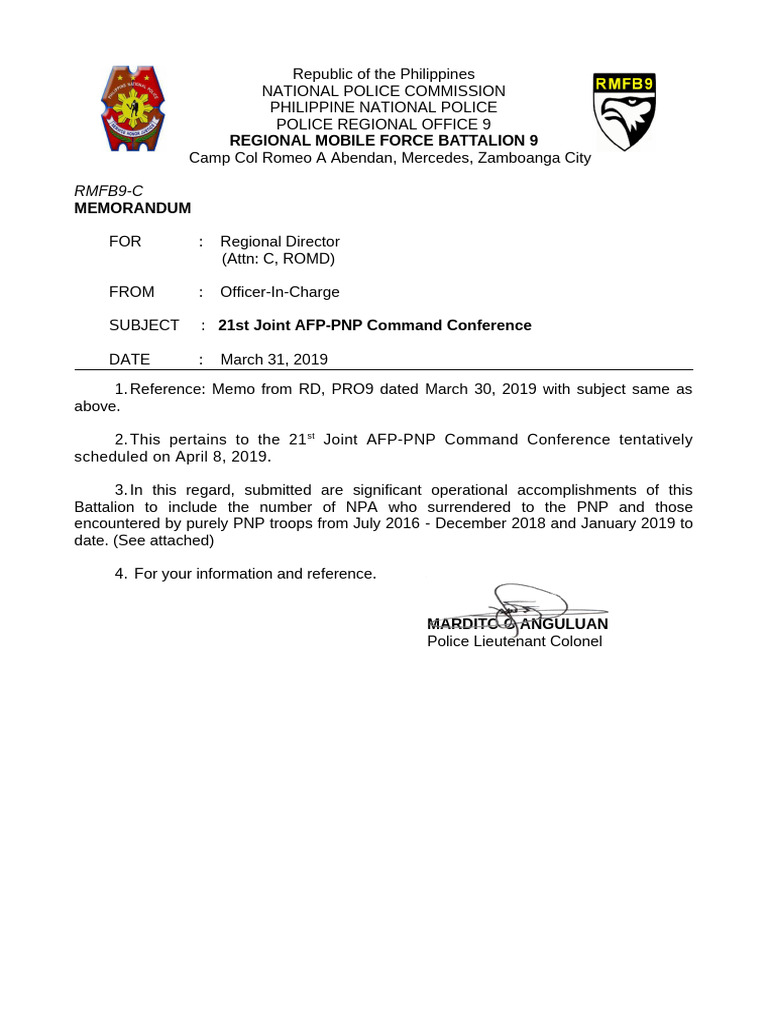 21st Joint AFP-PNP Command Conference - Memo | PDF