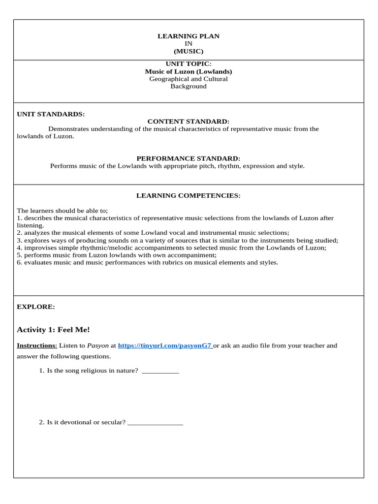 Learning Plan Music 7 | PDF | Sound | Elements Of Music