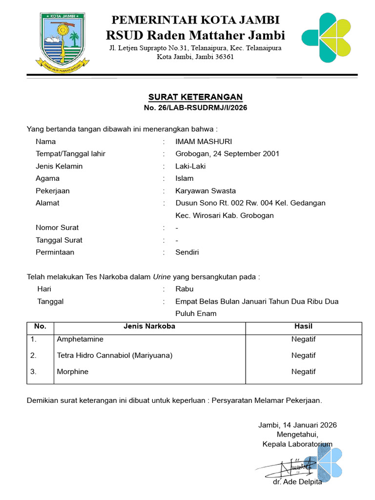 Surat Keterangan Tes Narkoba Jambi | PDF