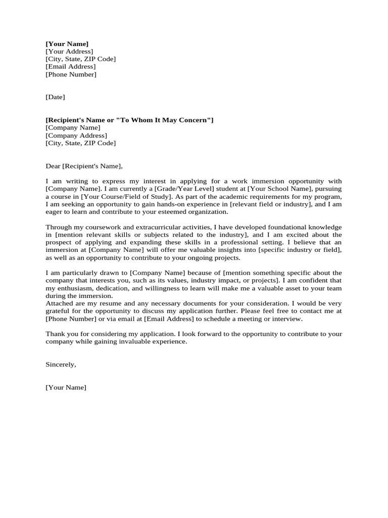 Work Immersion Job Application Letter | PDF