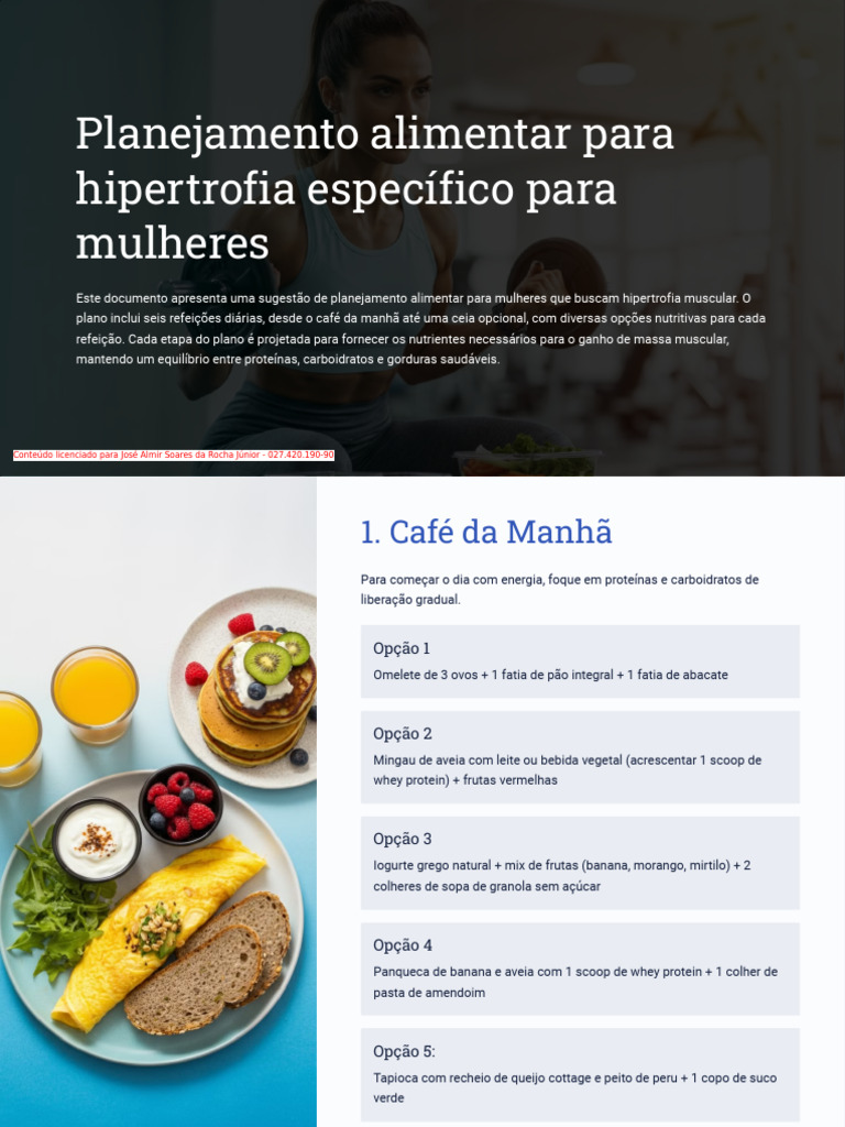 Planejamento Alimentar Para Hipertrofia Especifico Para Mulheres | PDF | Leite | Alimentos