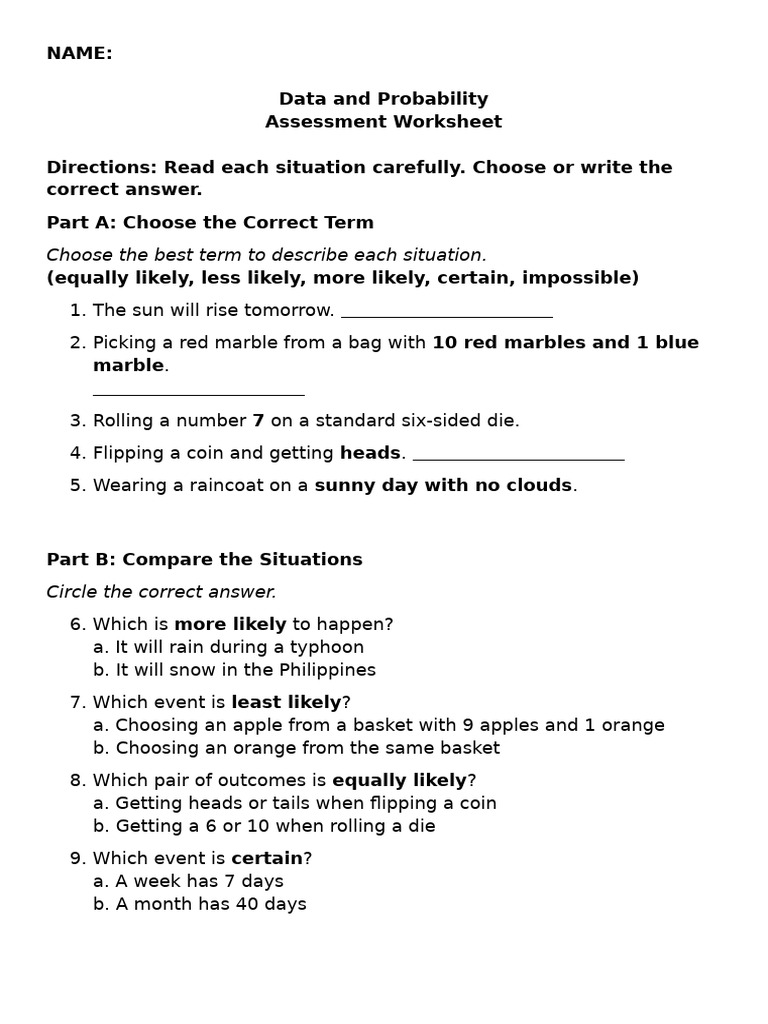 Data and Probability Assessment Worksheet | PDF