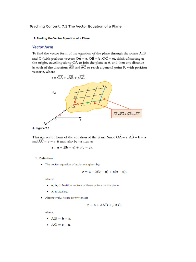 Teaching Content 7.1_The Vector Equation of a Plane | PDF