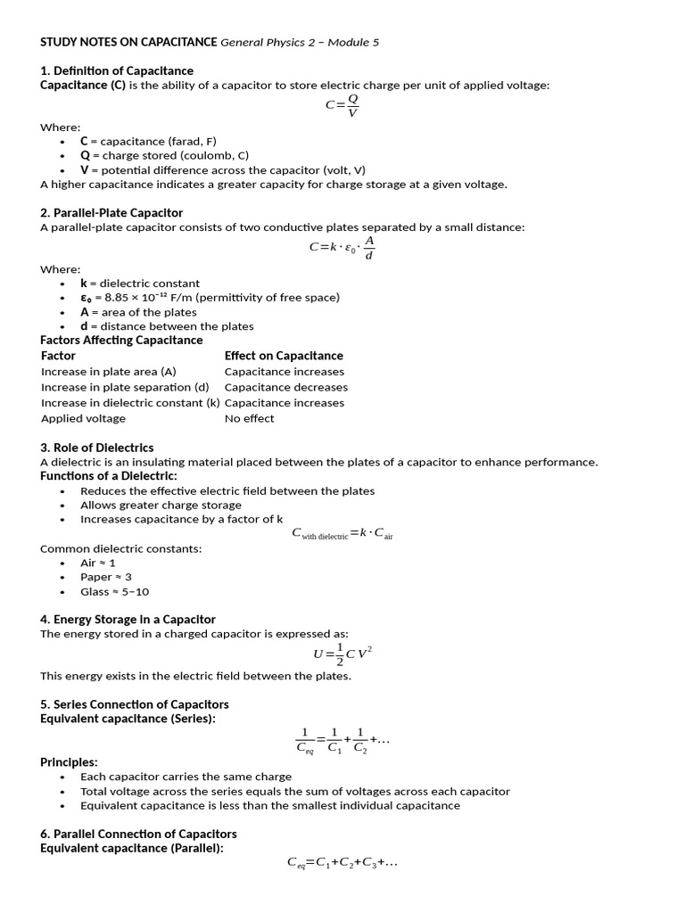Capacitance Study Notes for Physics | PDF | Capacitance | Capacitor
