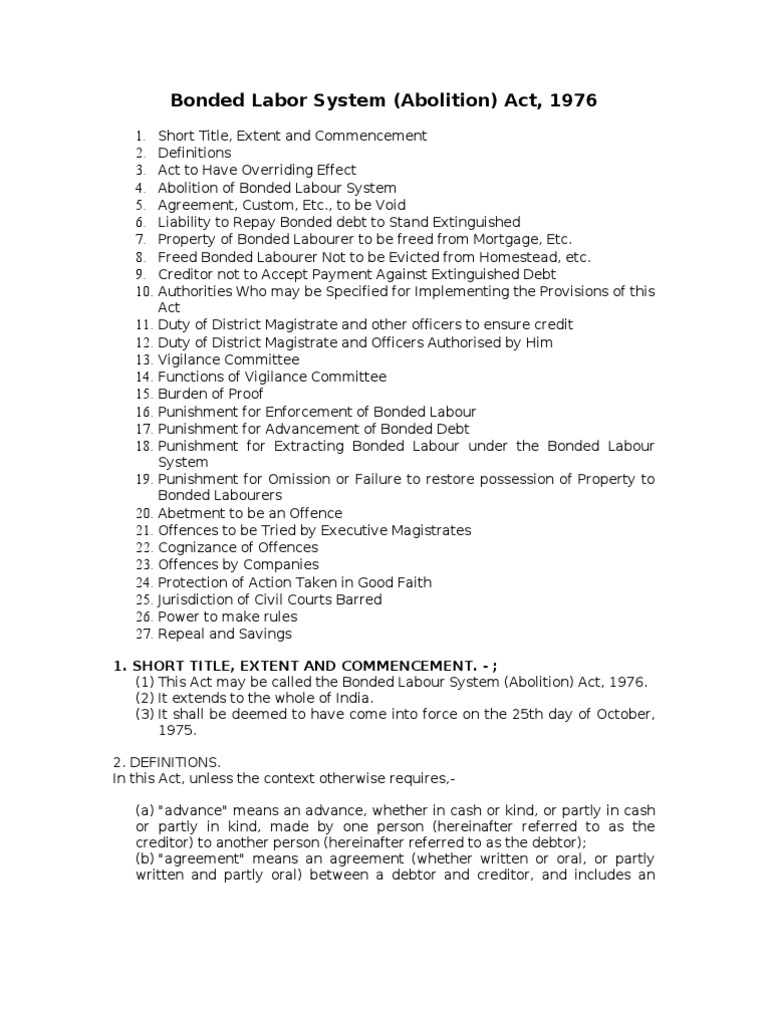 Bonded Labor System (Abolition) Act 1976 | PDF | Mortgage Law | Crime ...