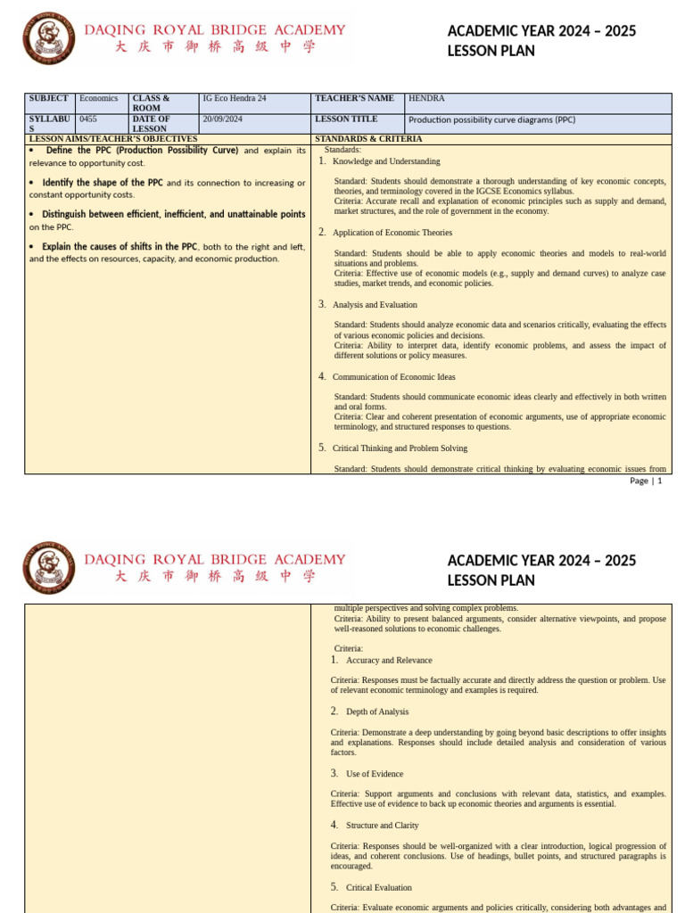 PPC Lesson Plan for IGCSE Economics | PDF | Critical Thinking | Economics