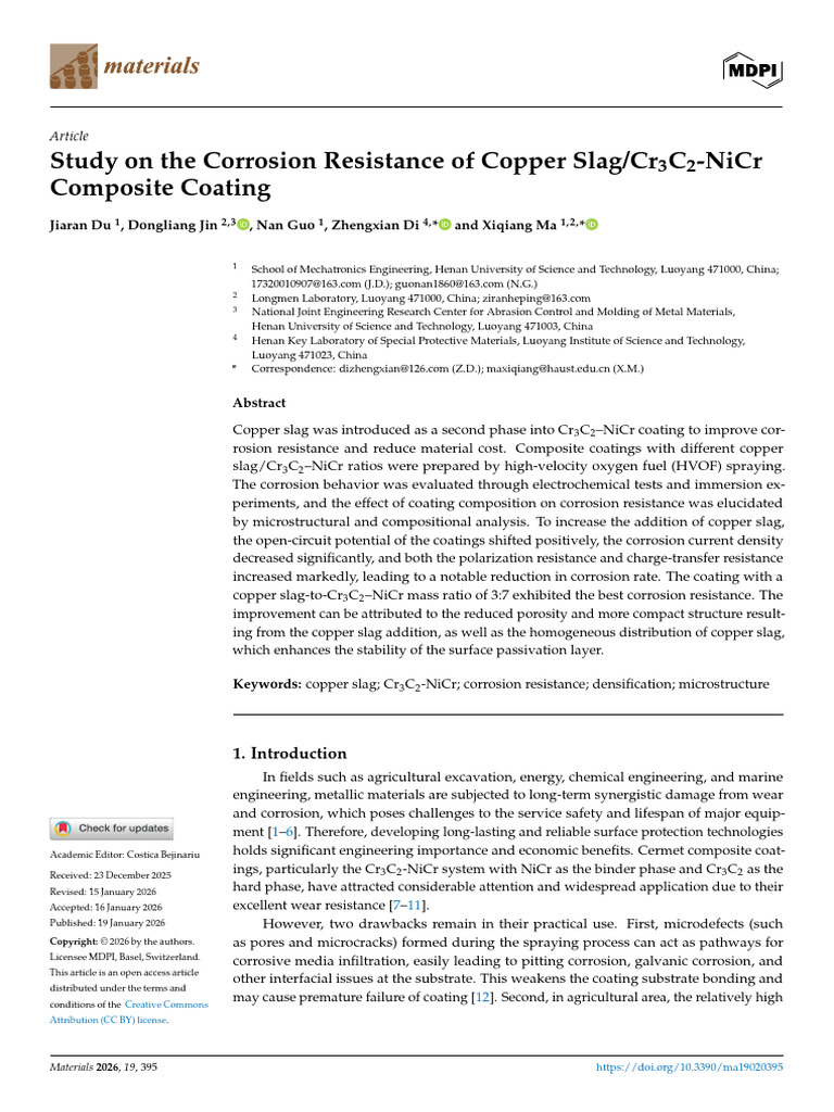 Study on the Corrosion Resistance of Copper SlagCr3C2-NiCr Composite ...