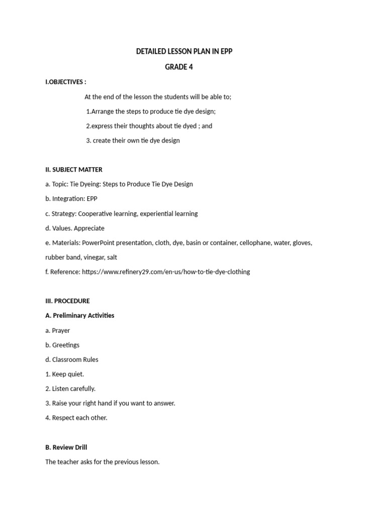 Grade 4 Tie Dye Lesson Plan | PDF | Fashion | Clothing