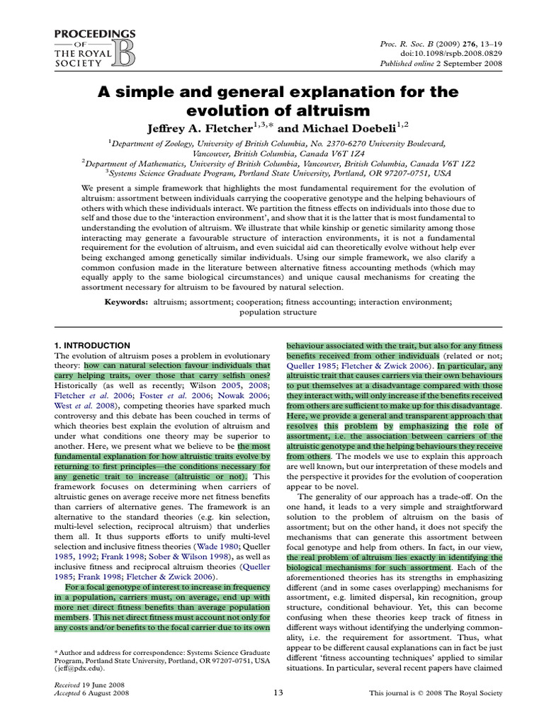 A Simple and General Explanation for the Evolution of Altruism | PDF ...