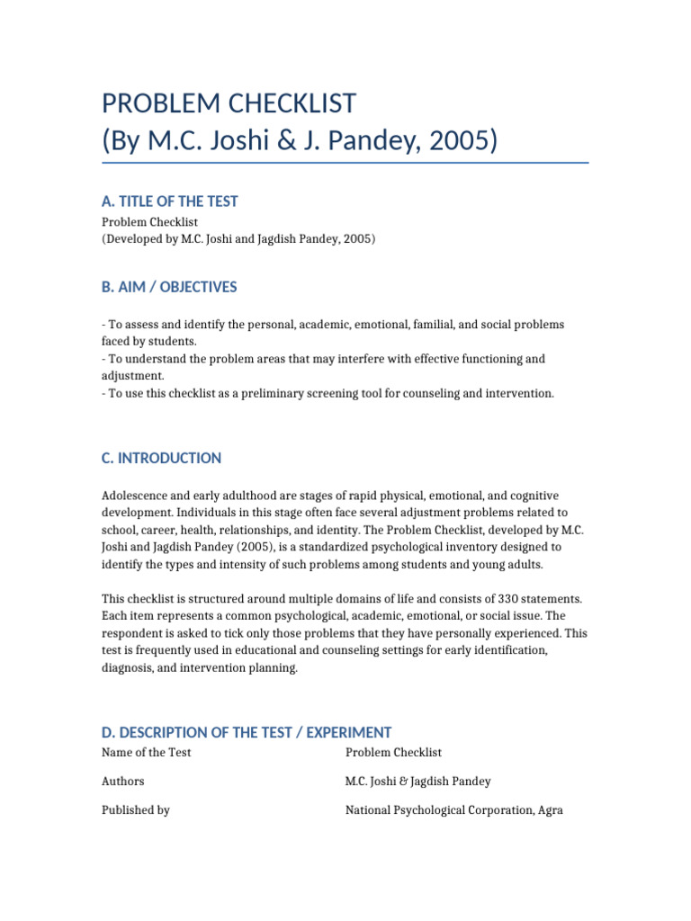 Problem_Checklist_Practical_Report | PDF | Psychology | Adolescence