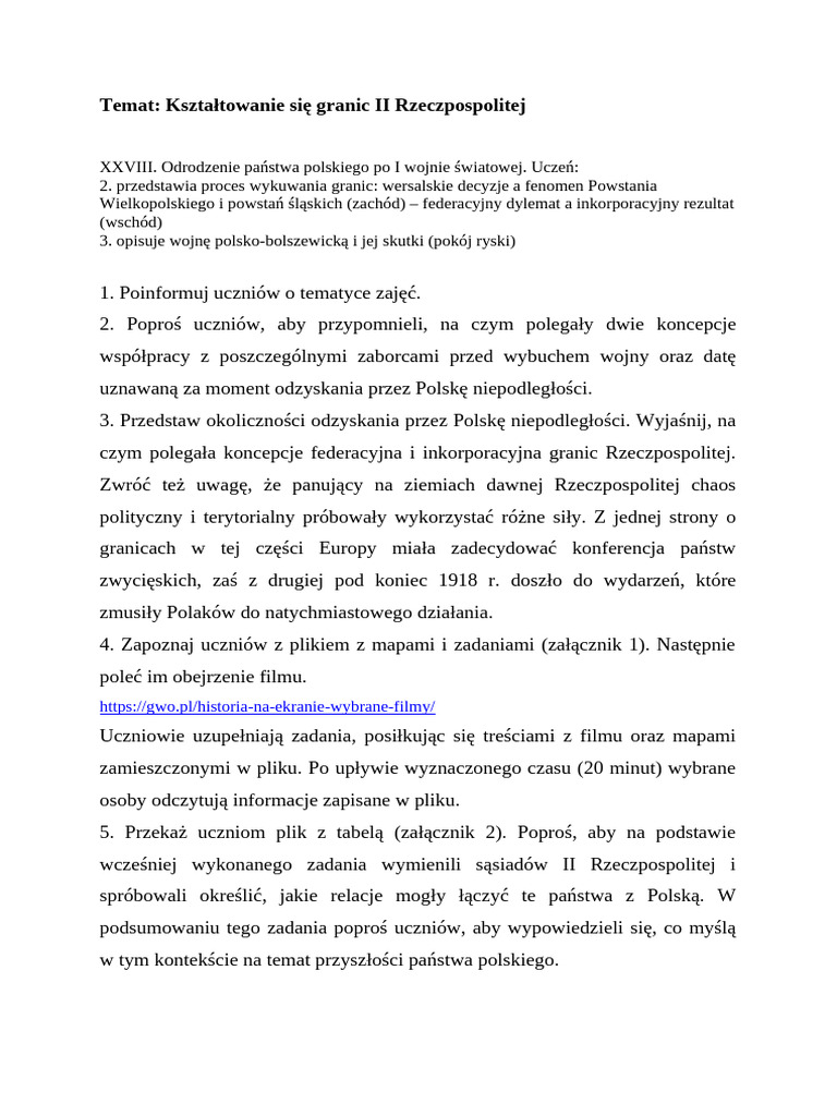 Ksztaltowanie Sie Granic II Rzeczpospolitej Scenariusz Lekcji Docx 2 | PDF