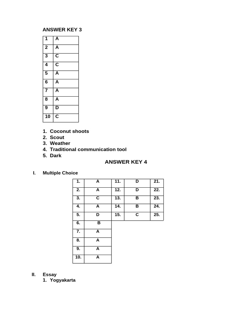 Answer Key for Multiple Choice & Essays | PDF