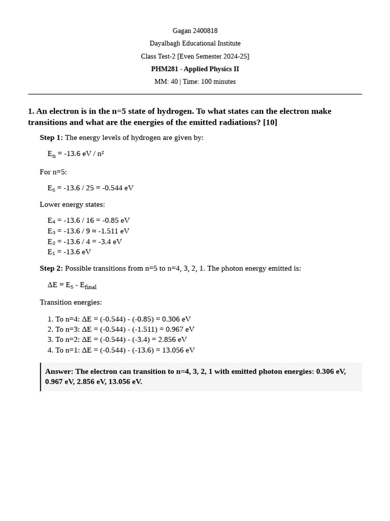 PHM281 Applied Physics II Test Solutions | PDF | Electronvolt | Electron