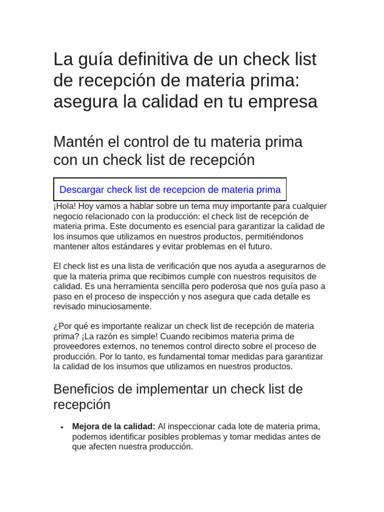 La guía definitiva de un check list de recepción de materia prima | PDF | Calidad (comercial ...
