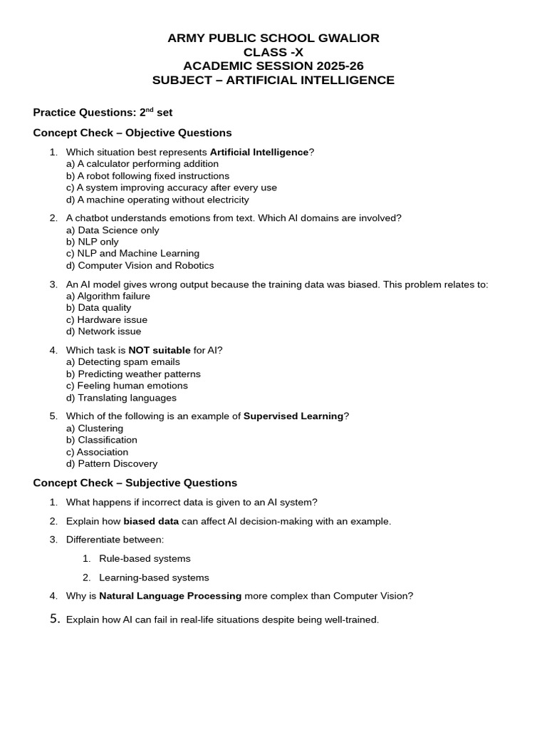 AI Practice Questions for Class X | PDF