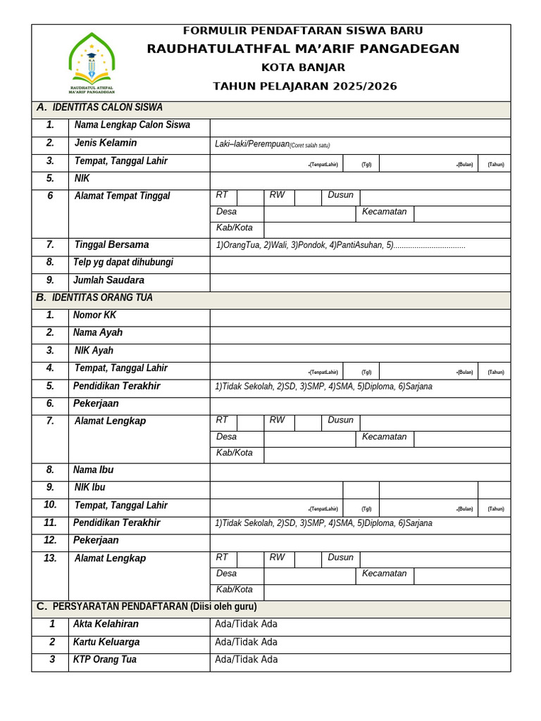 Format Formulir Pendaftaran Siswa Baru Ra | PDF
