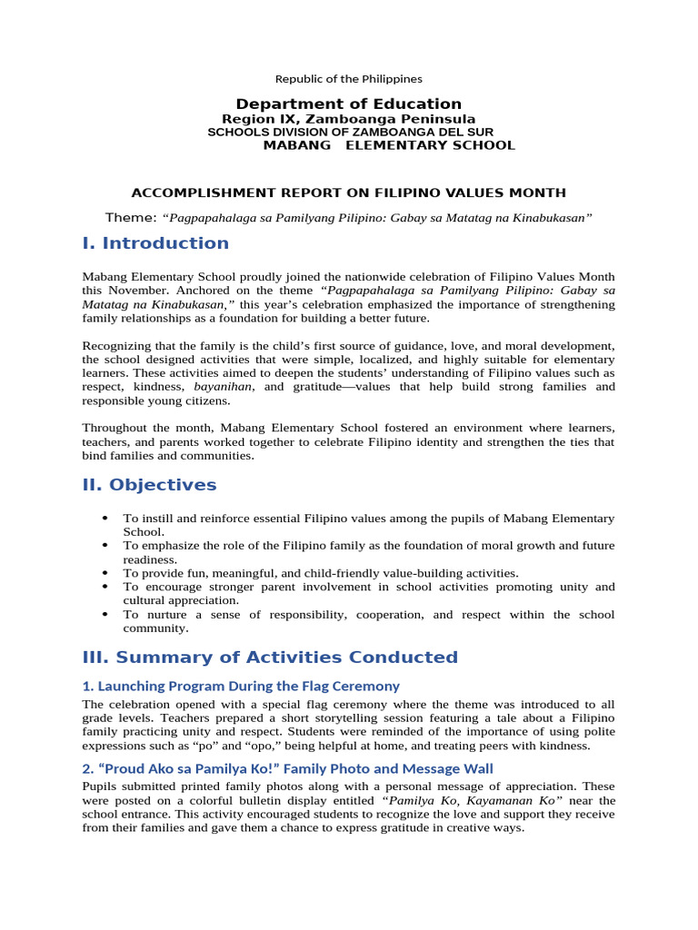Filipino Values Month Report 2023 | PDF | Teachers | Storytelling