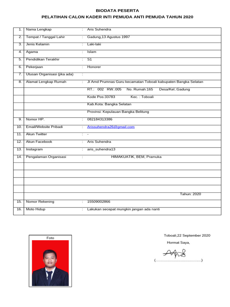 Biodata Aris Suhendra 2020 | PDF