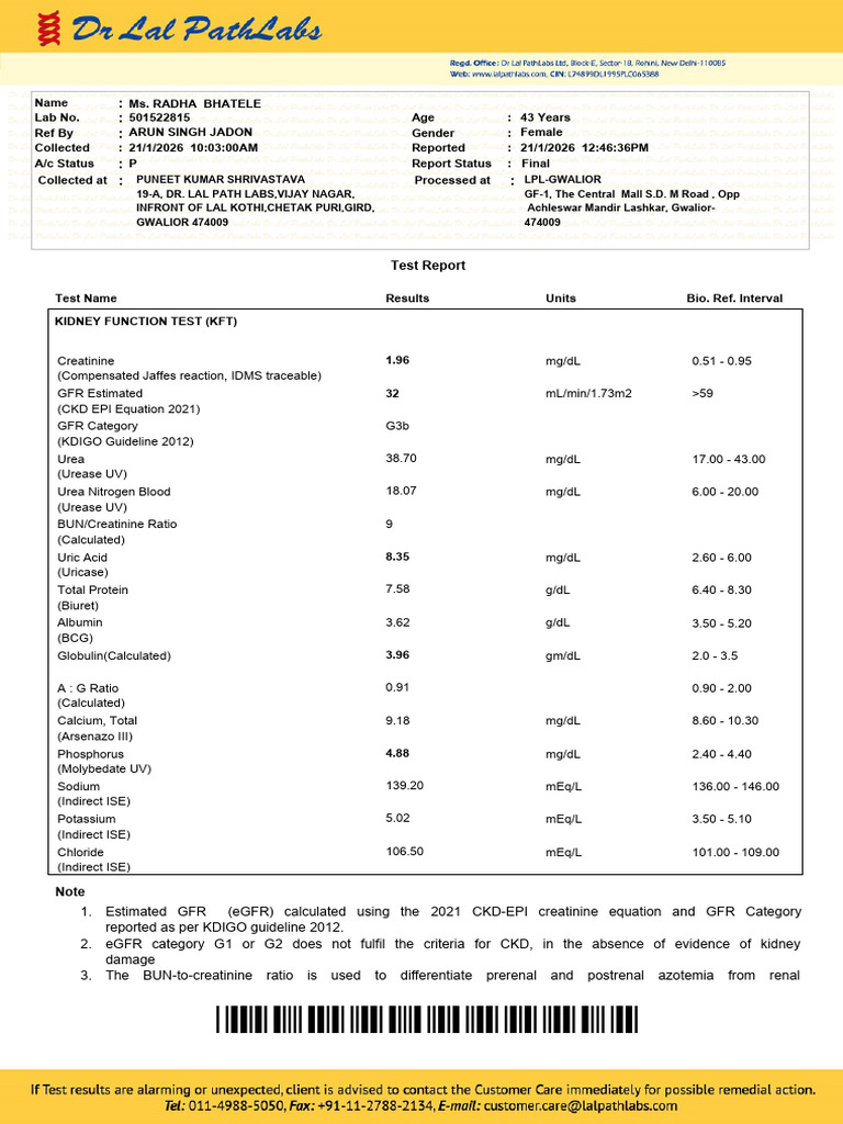 501522815_Report_F2026-01-21T124649 | PDF | Creatinine | Diseases And ...