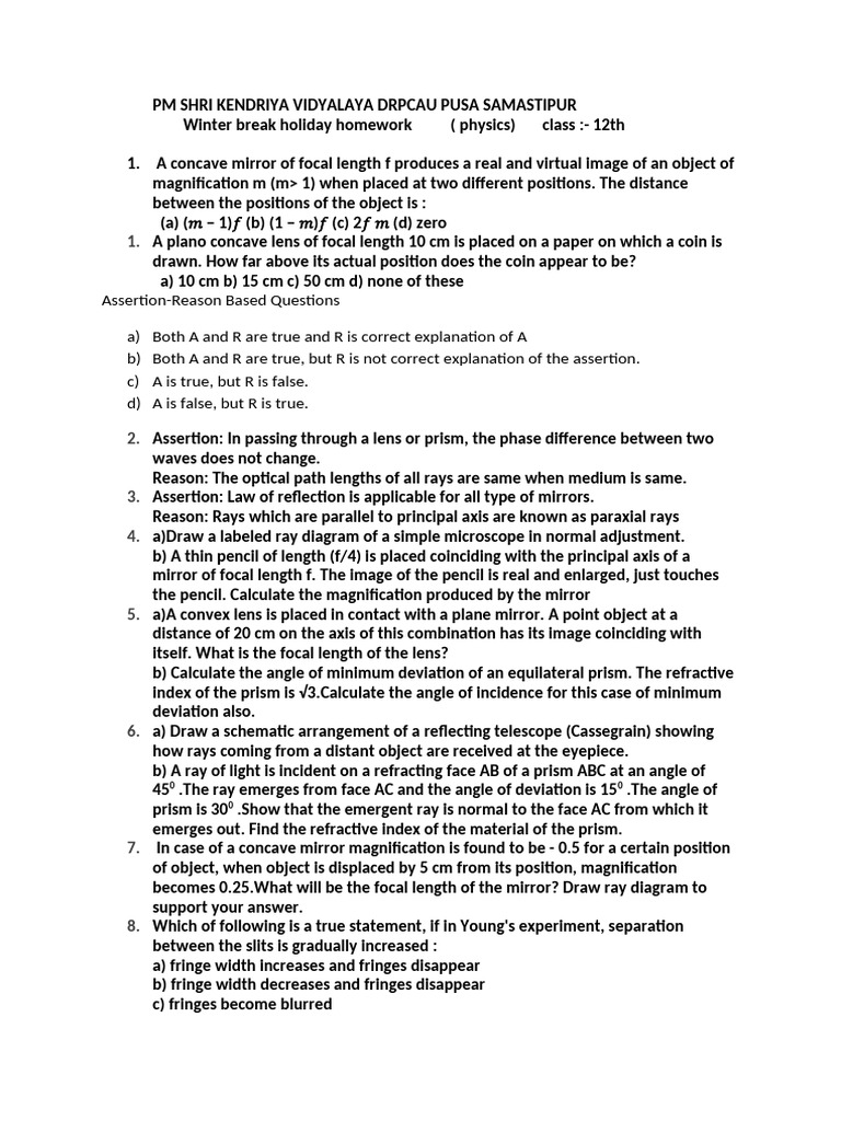 12 Th Winter Break Holiday Homework | PDF | Diffraction | Photoelectric ...
