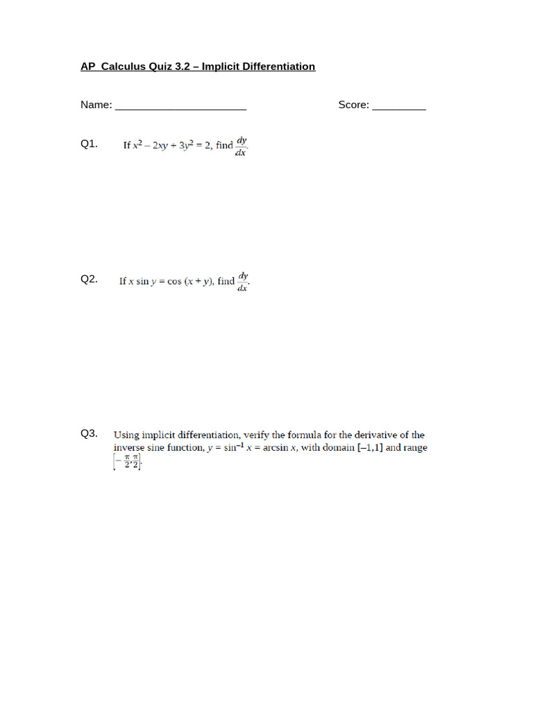 AP Calculus Quiz 3.2 | PDF