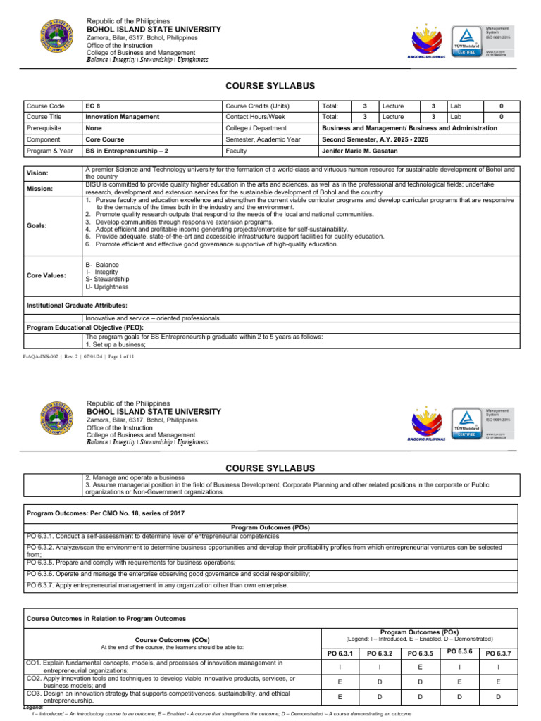 Innovation Management Course Syllabus | PDF | Innovation | Creativity