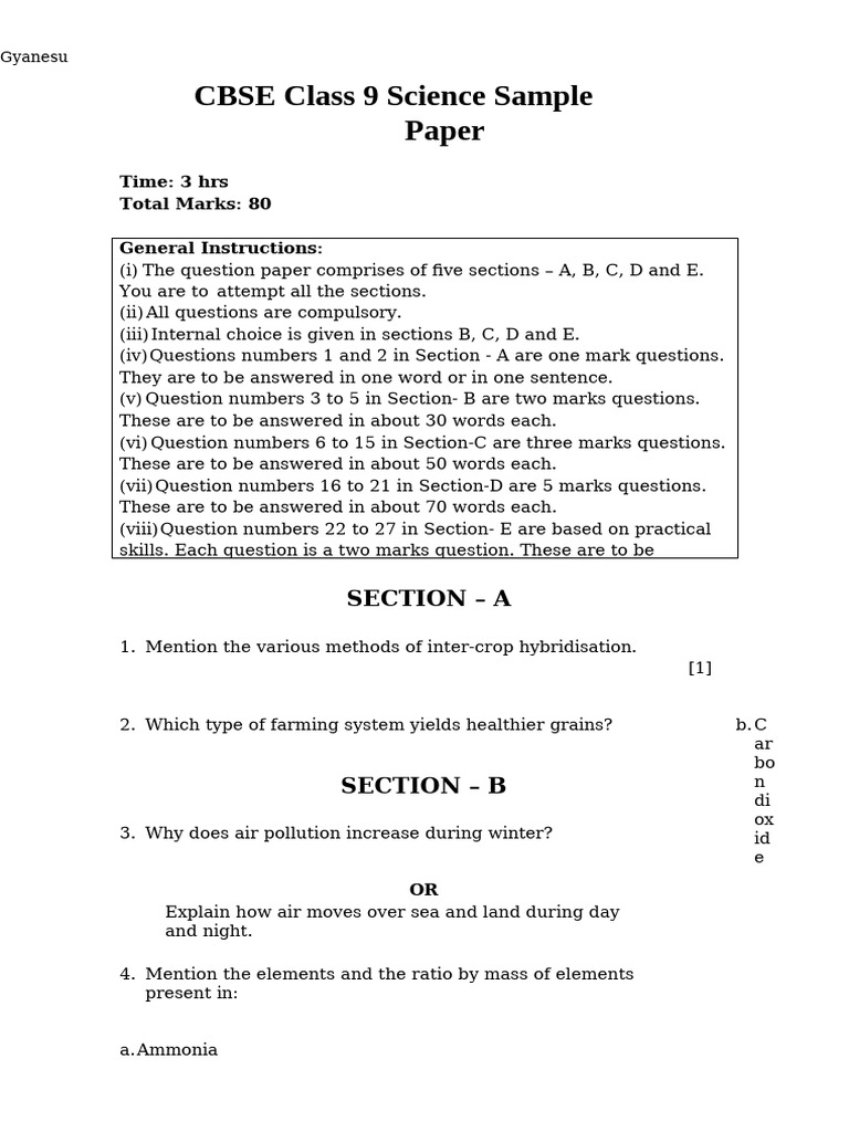 CBSE Sample Paper Class 9 Science Set 1 | PDF | Cell (Biology) | Force