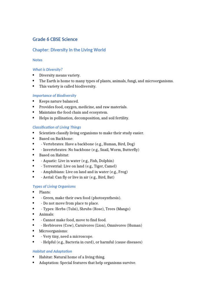 Grade 6 Science: Living World Diversity | PDF | Foods | Biodiversity