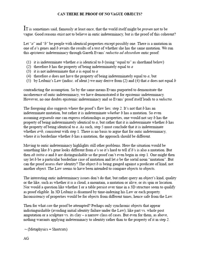 Can There be Proof of No Vague Objects | PDF | Ontology | Indeterminacy ...
