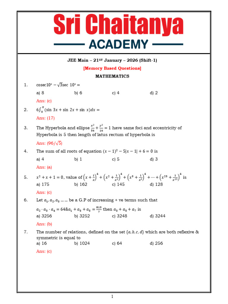 JEE Main 2026 Shift-1 Math Questions | PDF | Euclidean Plane Geometry ...