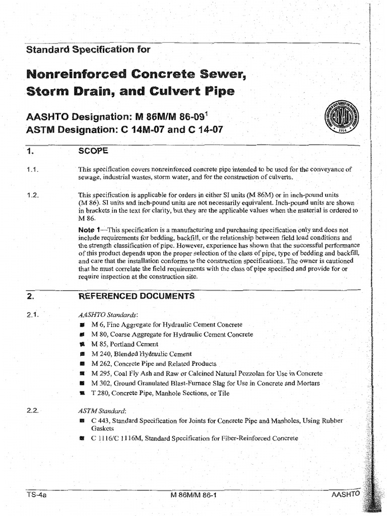 M 86 - 09 [Nonreinforced Concrete Sewer, Storm Drain, And Culvert Pipe ...