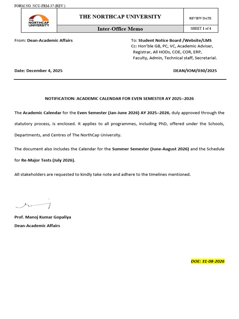 Academic Calendar Even Semester 2025-26 | PDF | Academic Term | Doctor ...