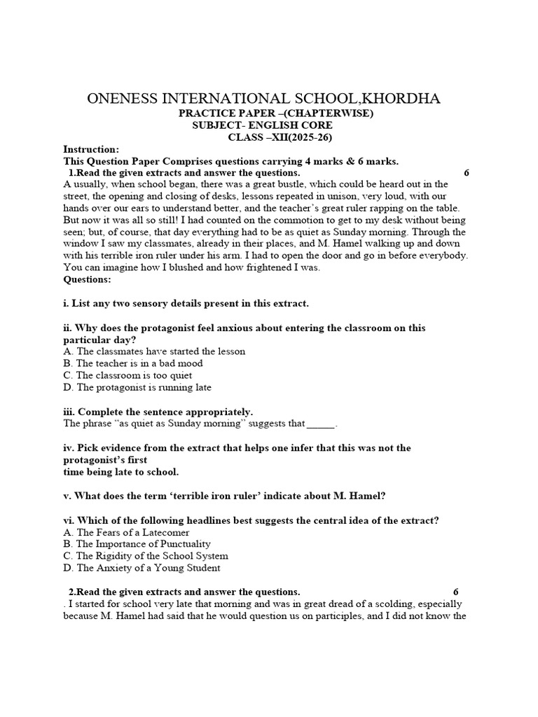 English Core Practice Paper for Class XII | PDF | Poetry