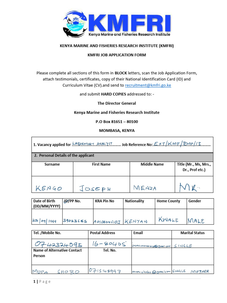 KMFRI Job Application Form March 2024 | PDF | Diploma | Educational Stages