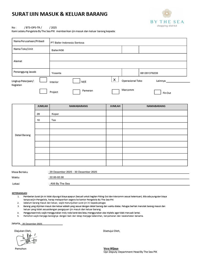 Surat Izin Masuk Keluar Barang PIK | PDF