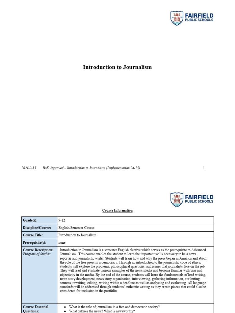 Introduction to Journalism Course Overview | PDF | Journalism | News