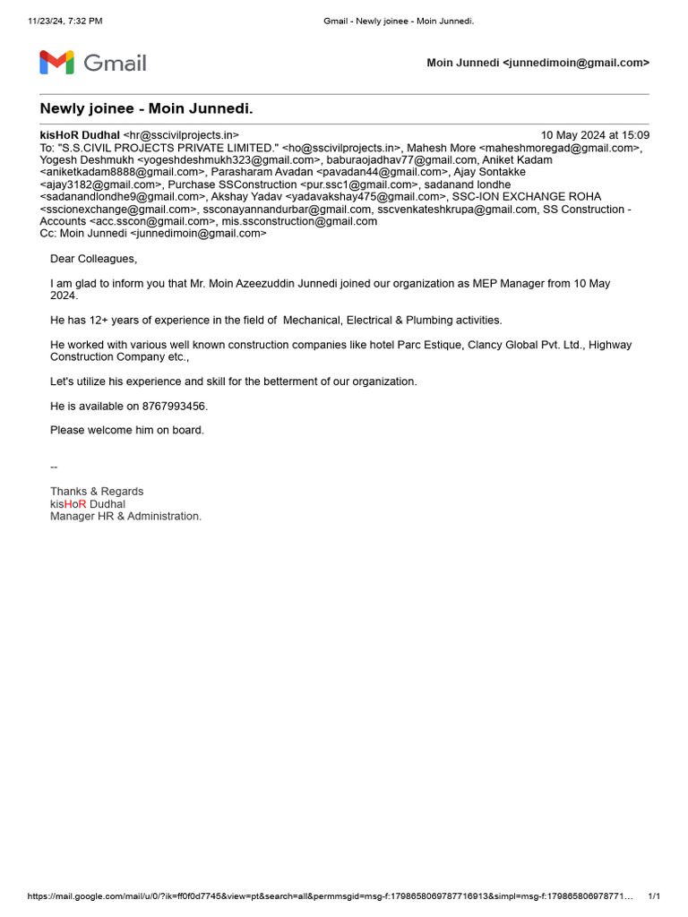 SS Construction Gmail - Newly Joined - Moin Junnedi | PDF